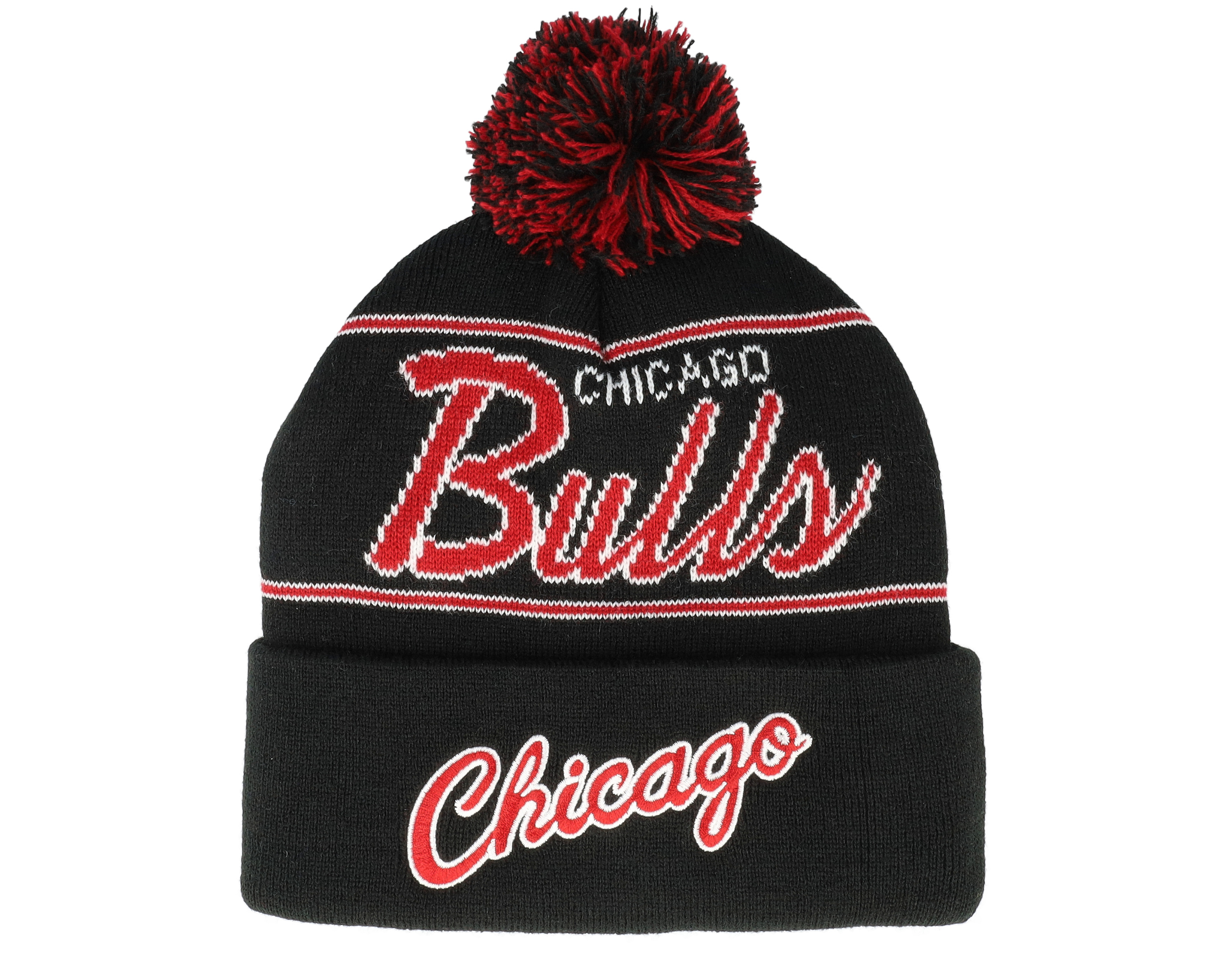 Chicago Bulls Script Beanie Black Pom - Mitchell & Ness | Hatstoreworld.com