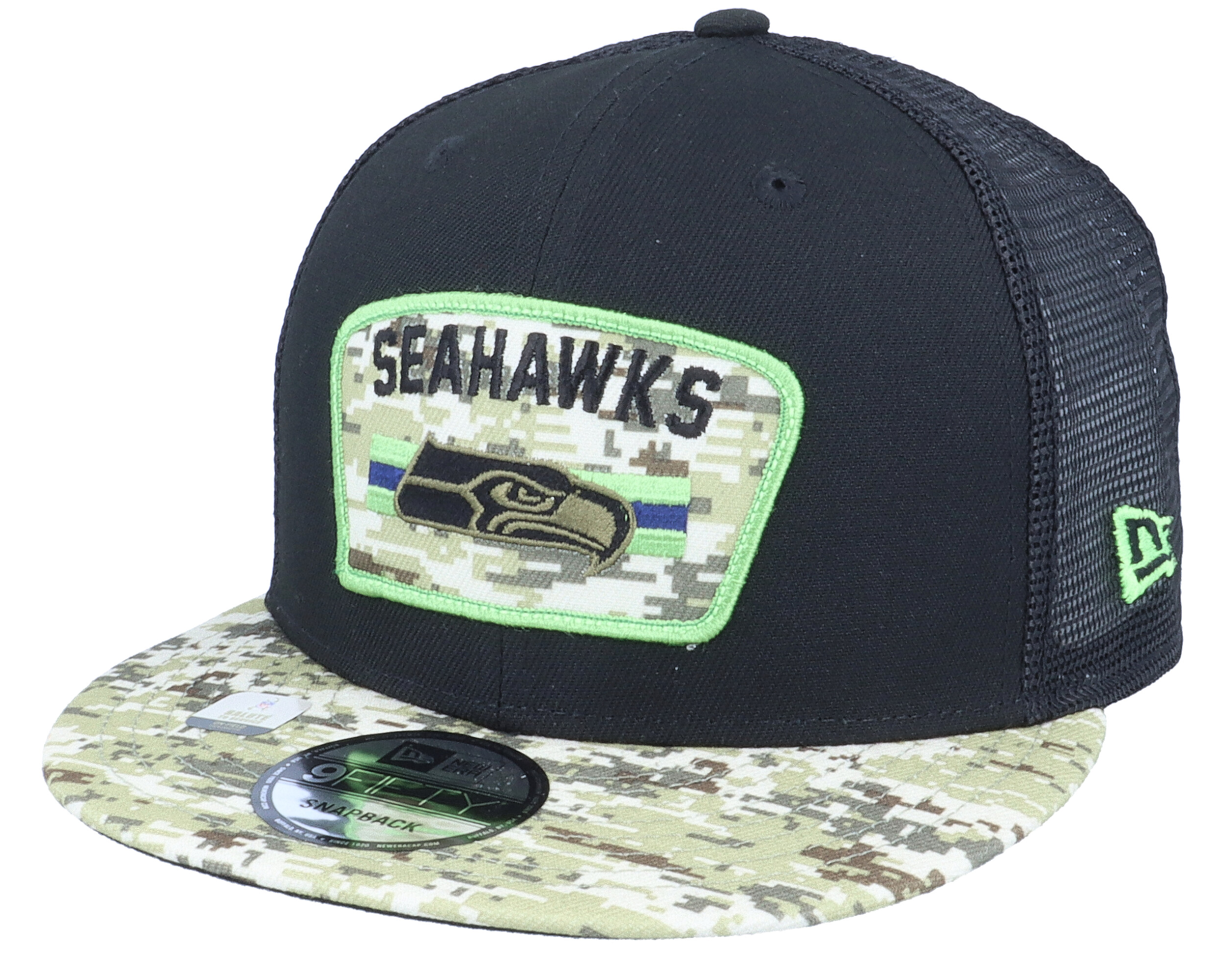 Seattle Seahawks NFL21 Salute To Service 9FIFTY Black/Camo Trucker ...