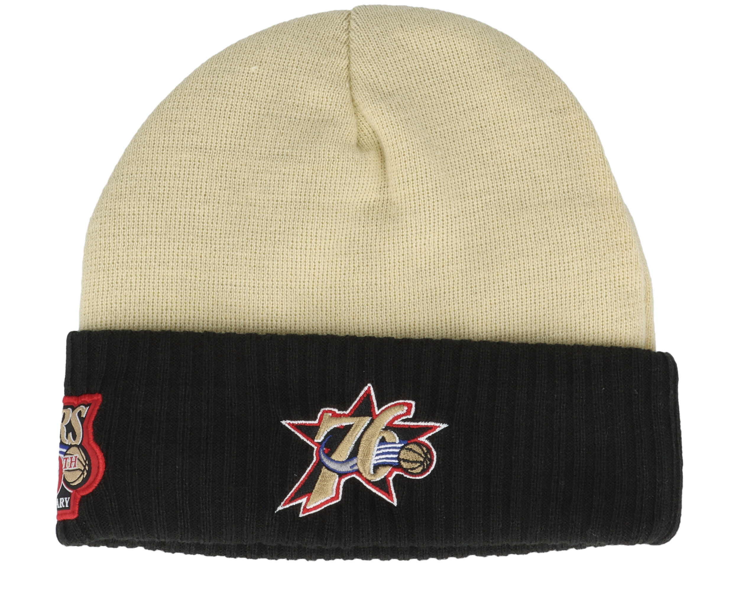 Philadelphia 76ers Side Patch Knit Off White/Black Cuff | Hatstoreworld.com
