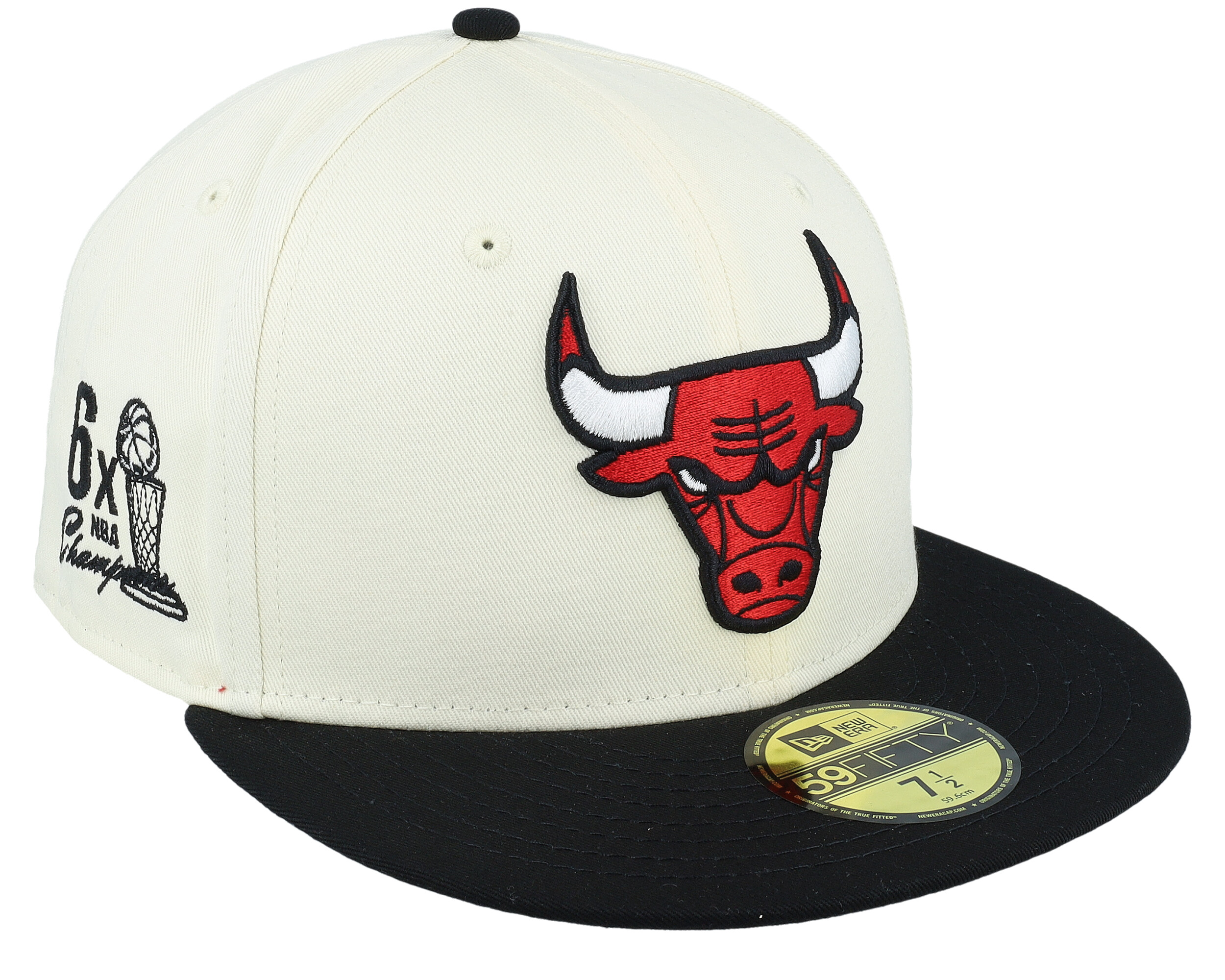 Chicago Bulls Championships 59FIFTY Off White/Black Fitted | Hatstore.com