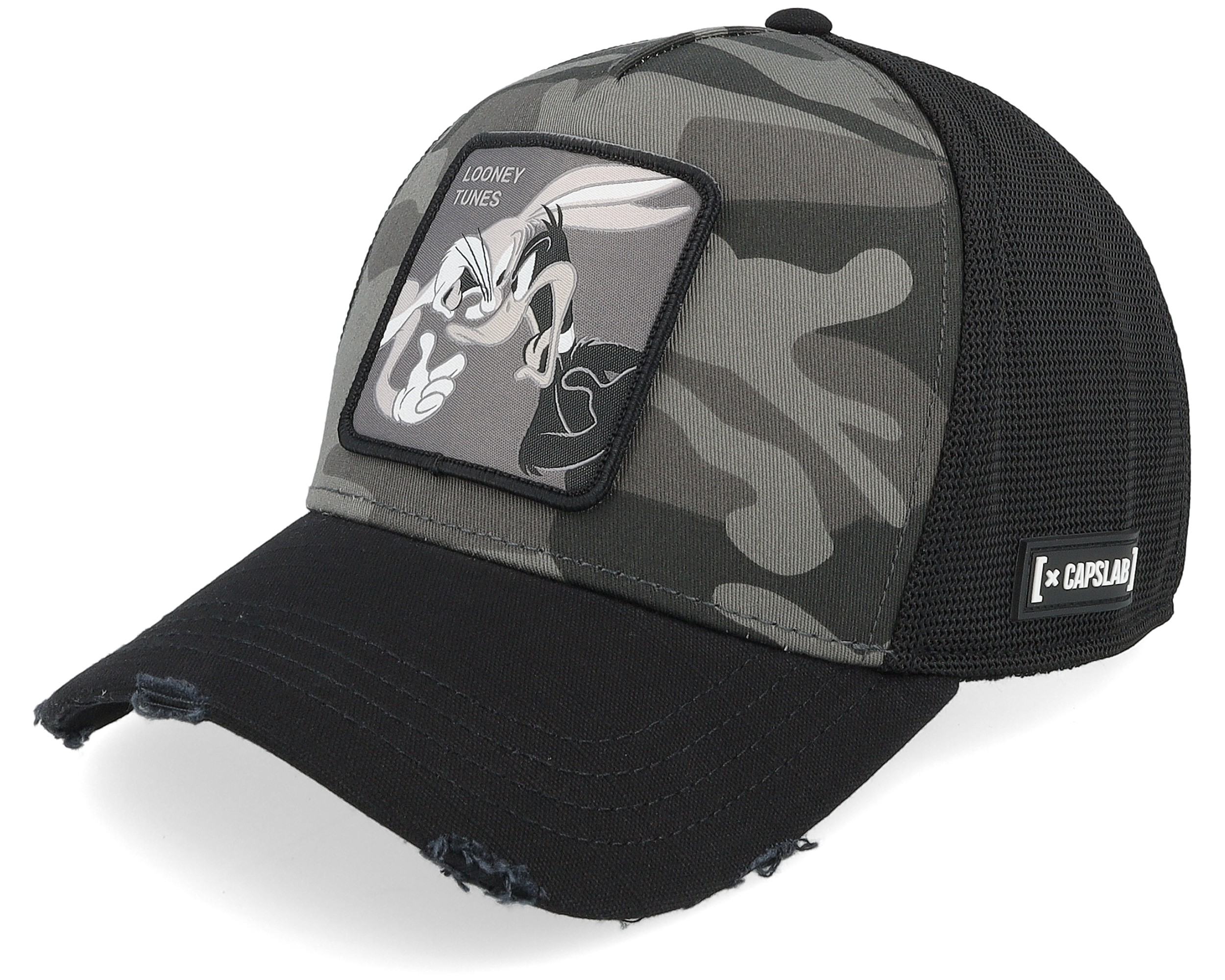 Looney Tunes Bugs Bunny Daffy Duck Black/Camouflage A-Frame Trucker - Capslab | Hatstore.com
