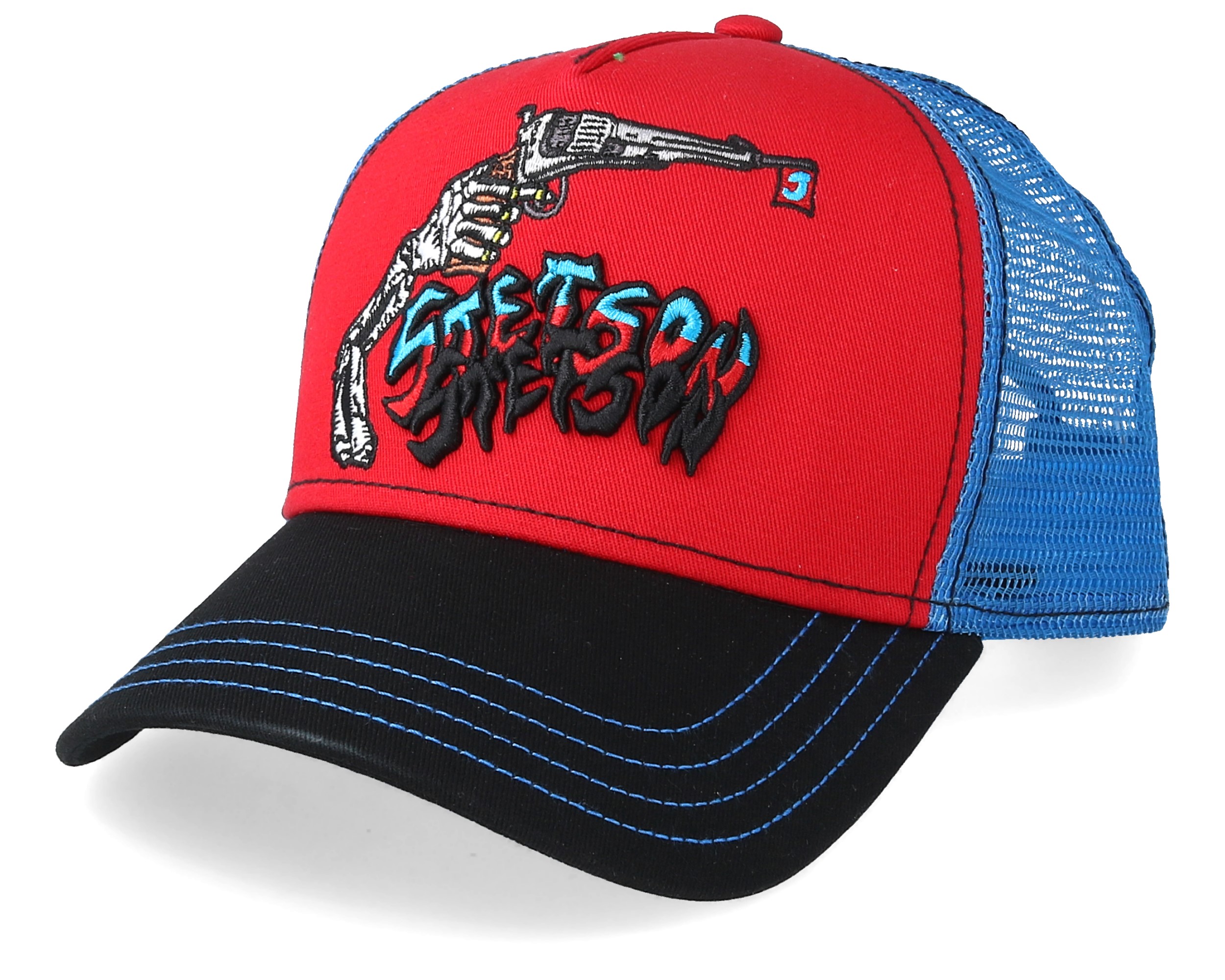 Skeleton Shot Red/Blue/Black Trucker | Hatstoreworld.com