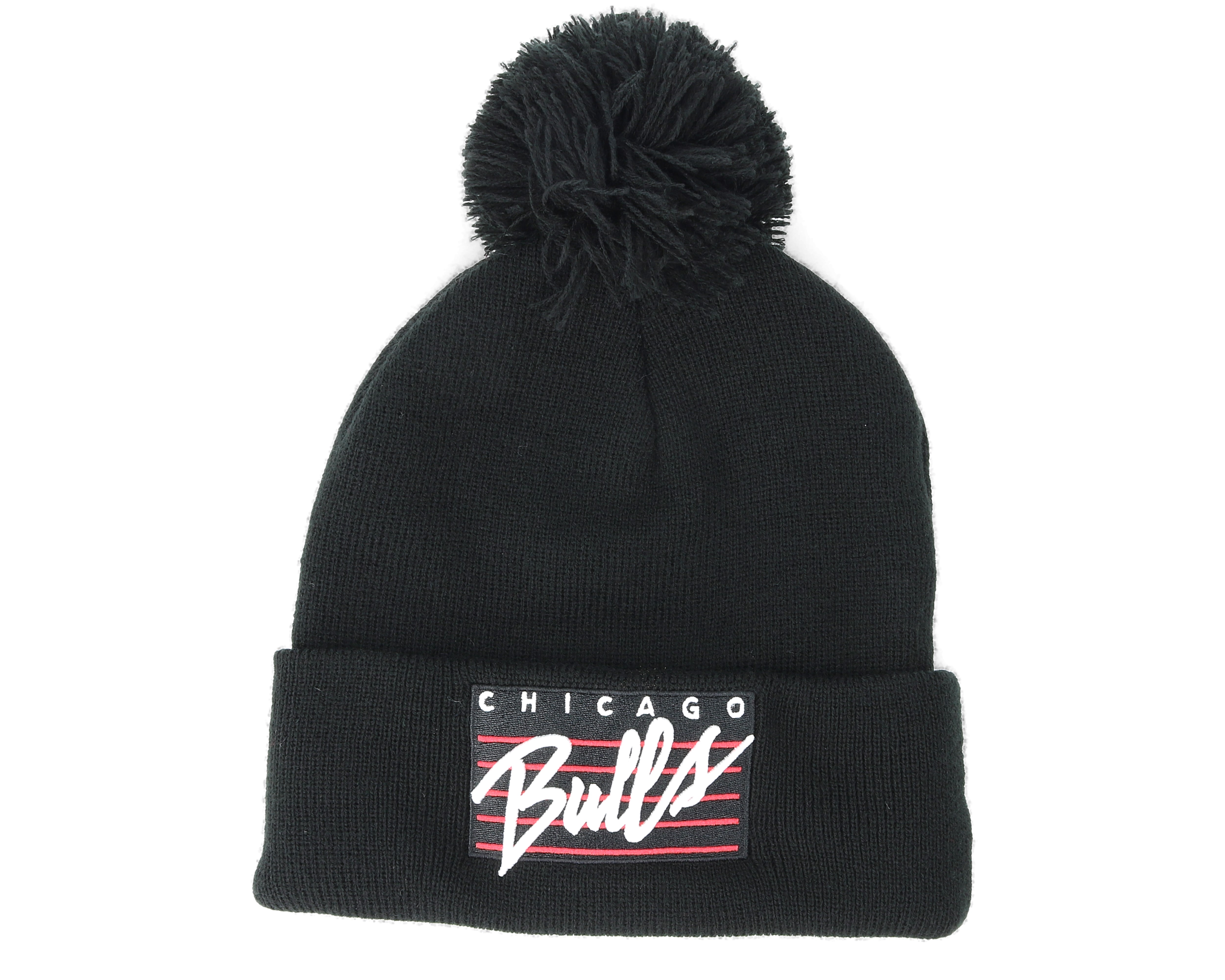 Chicago Bulls Cursive Script Knit Black Pom | Hatstoreworld.com