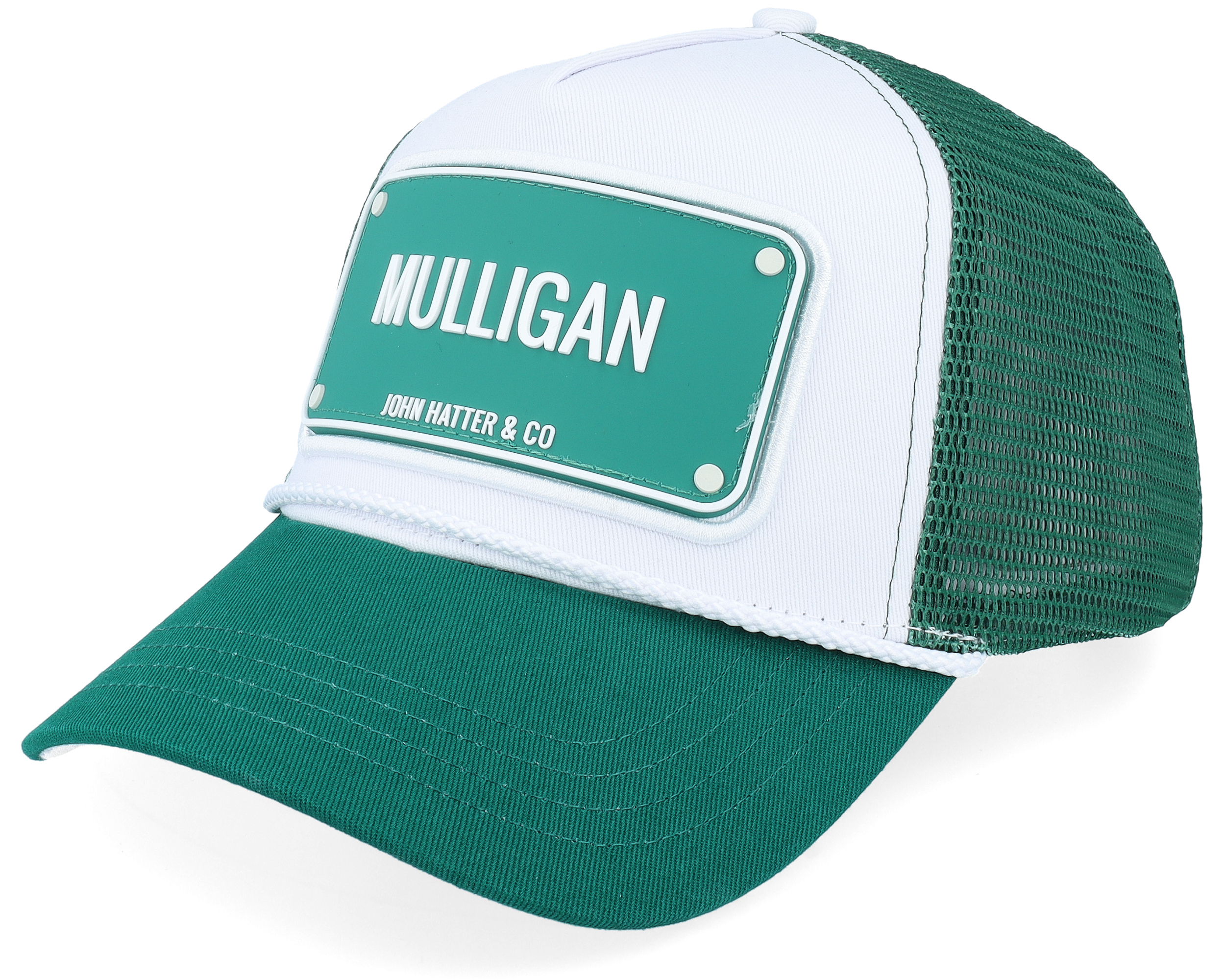 Mulligan Rubber White/Green Rope A-Frame Trucker | Hatstoreworld.com