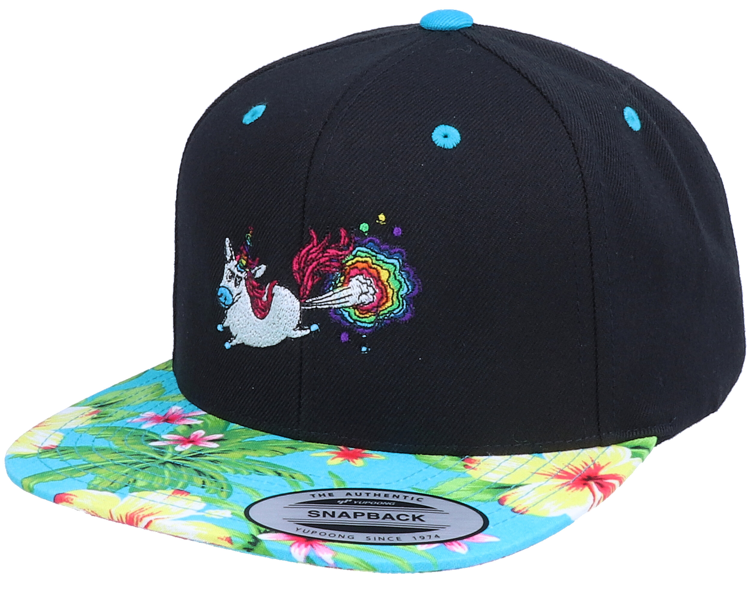 Rainbow Farting Unicorn Black/Hawaiian Snapback - Unicorns ...