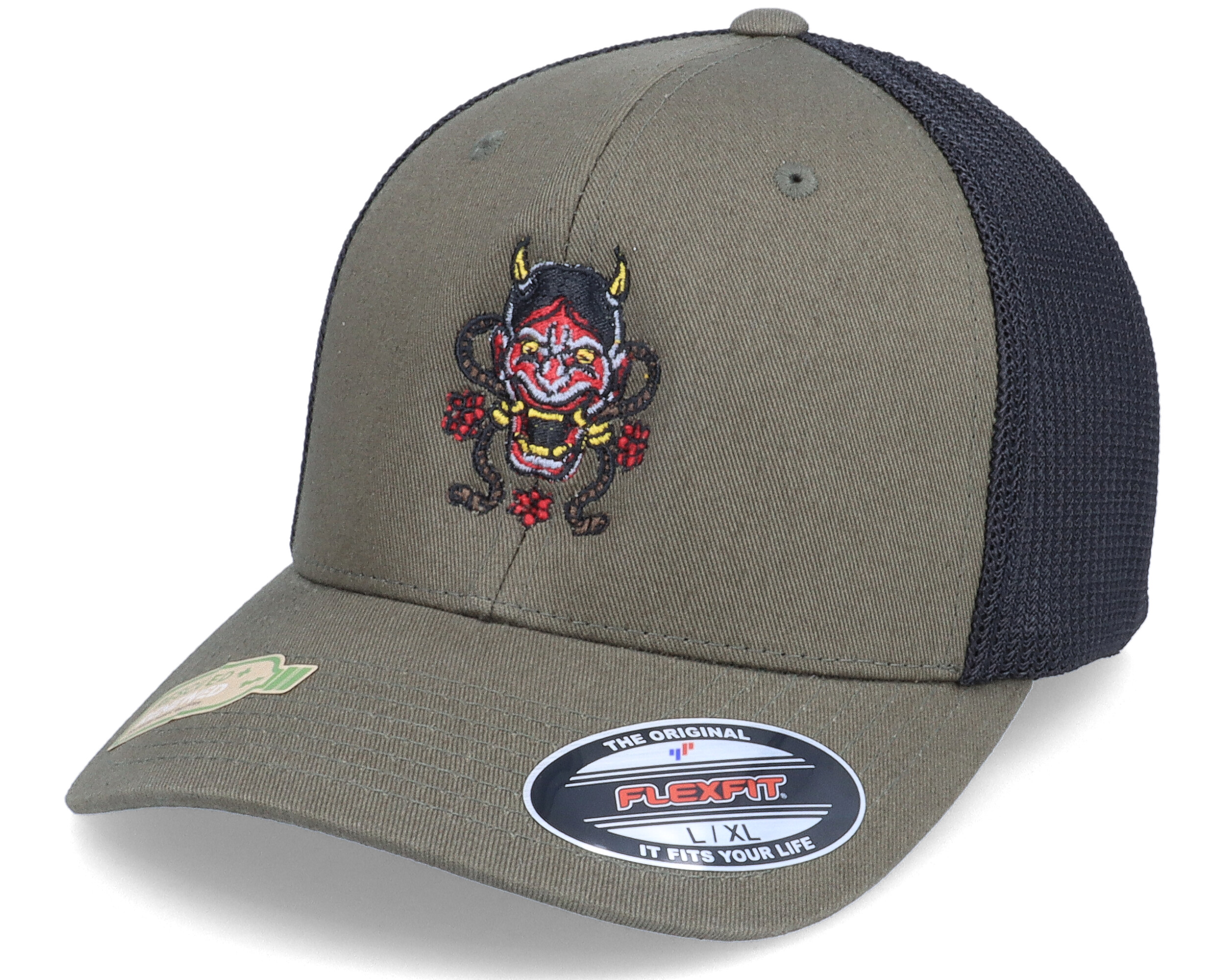 Organic Rose Oni Demon Mask Olive/Black Trucker | Hatstoreworld.com