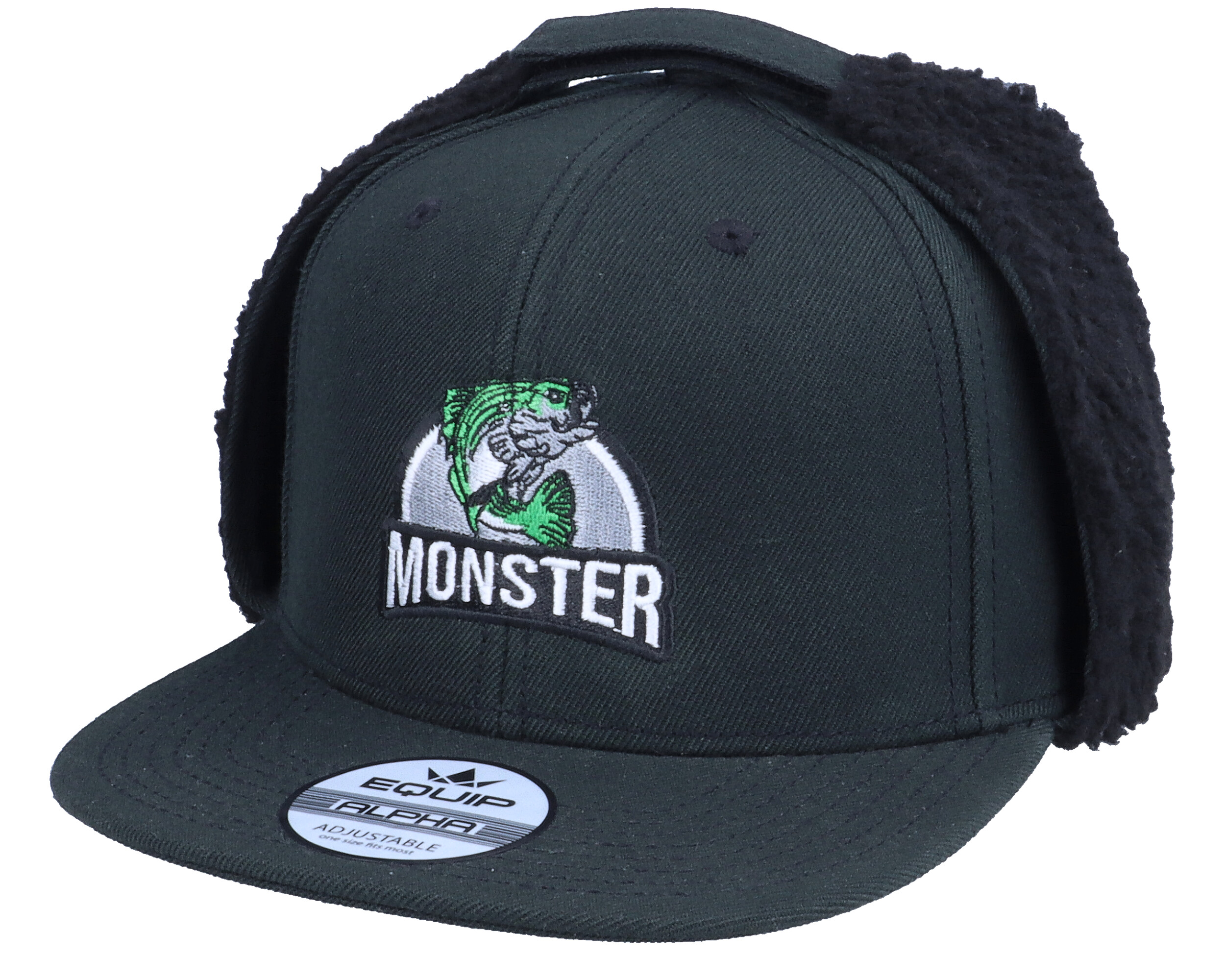 Monster Bass Fishing Logo Black Earflap | Hatstoreworld.com