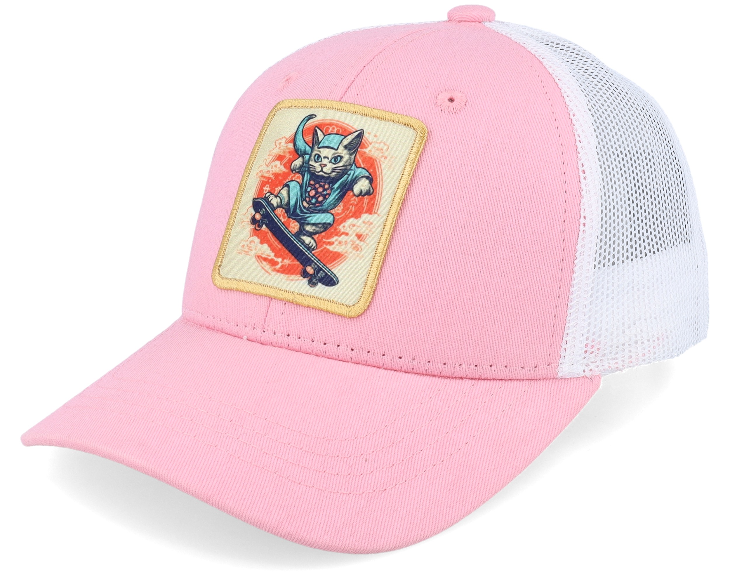 Kids Skater Cat Patch Pink/White Trucker | Hatstoreworld.com
