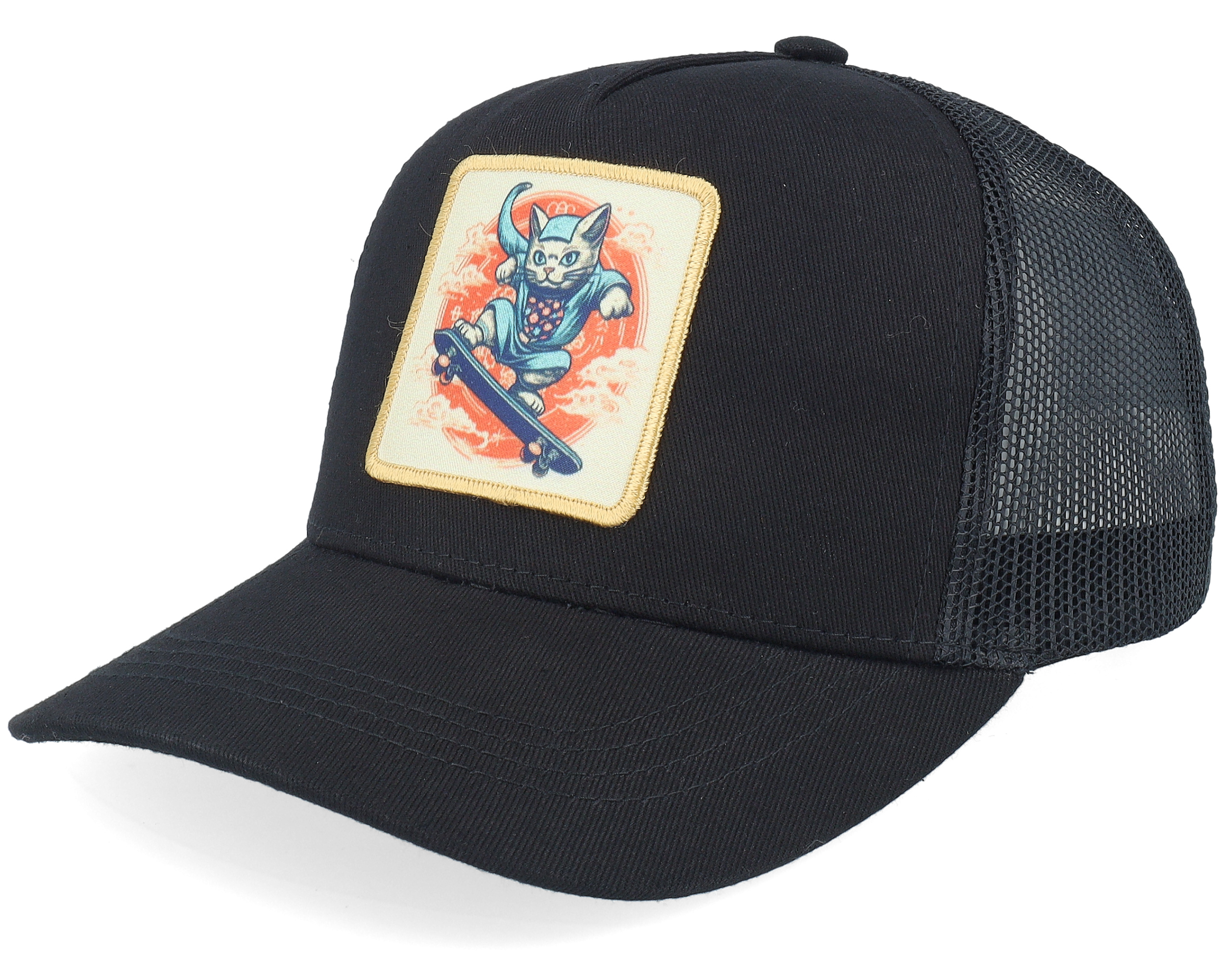Kids Skater Cat Patch Black Trucker | Hatstoreworld.com
