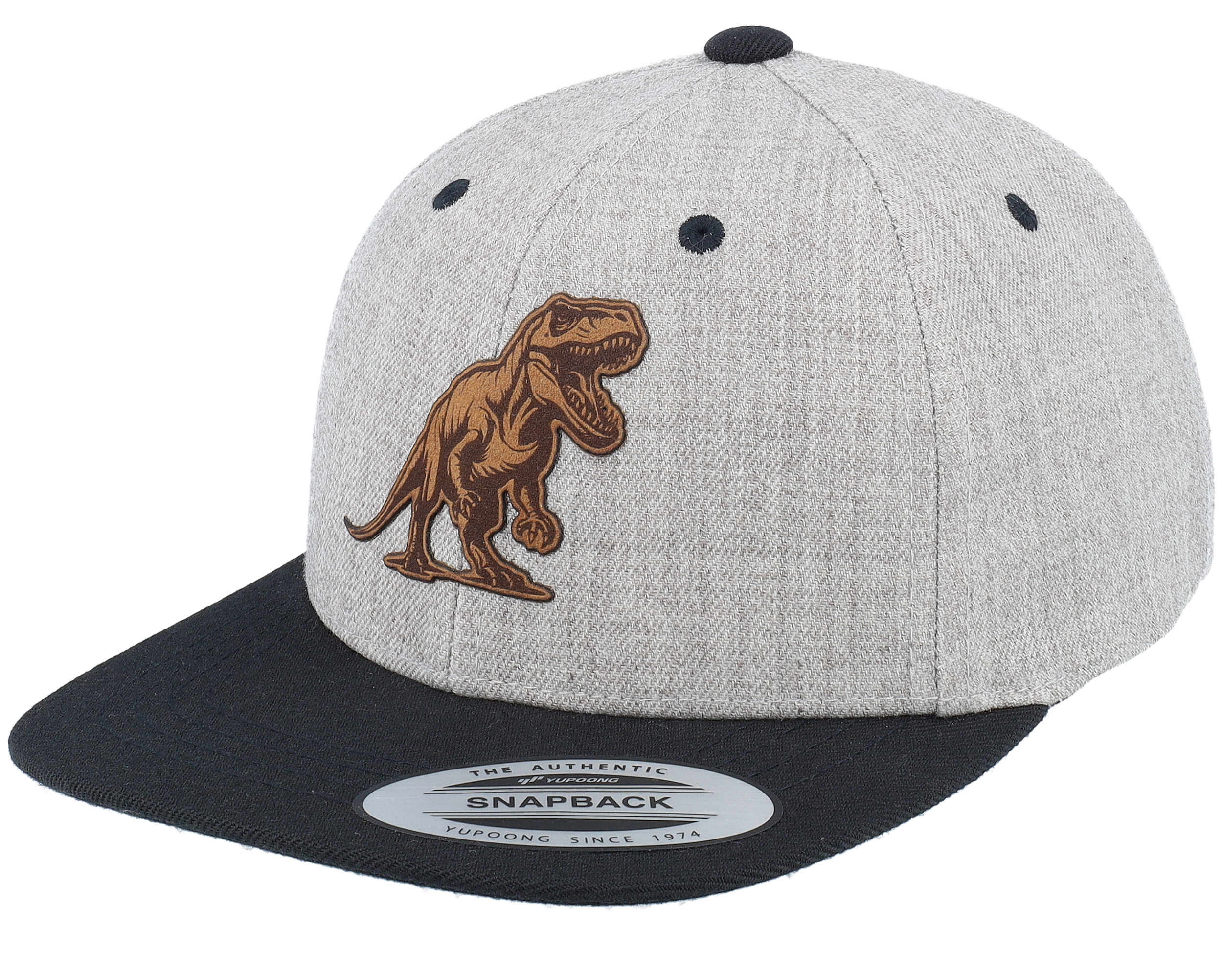 Kids T-rex Dino Brown Patch Heather Grey/Black Snapback | Hatstoreworld.com