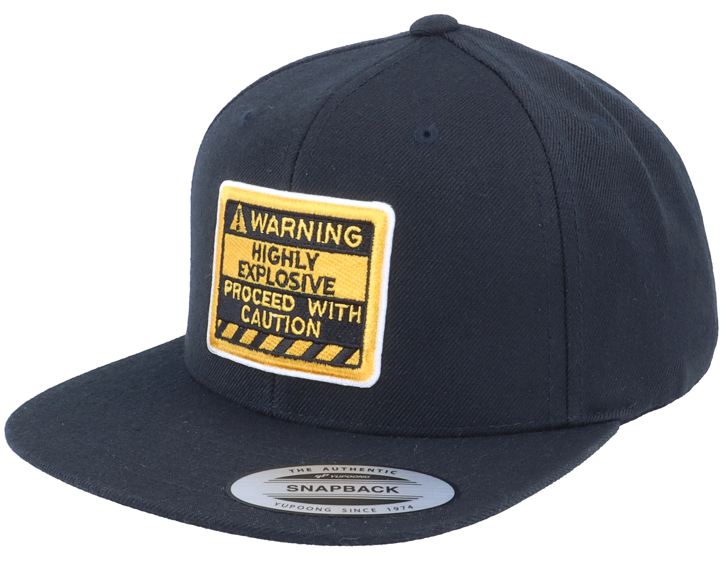 Warning Highly Explosive Patch Black Snapback - Iconic | Hatstoreworld.com