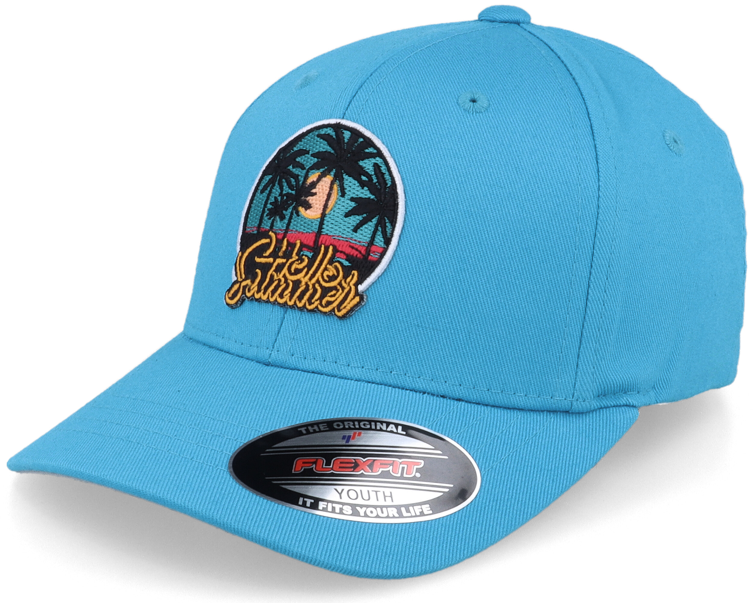 Kids Hello Summer Palm Sunset Ocean Blue Flexfit | Hatstoreworld.com