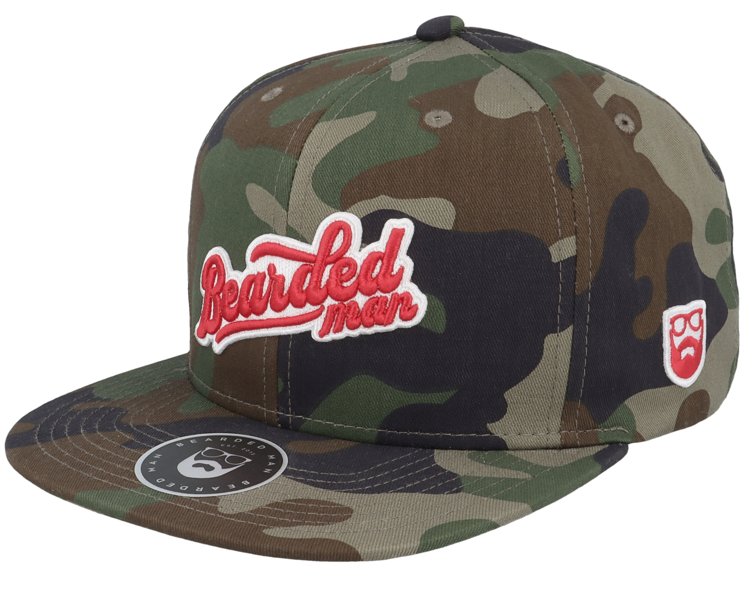 Retro Logo Script Patch Camo Snapback - Bearded Man หมวก | Hatstore.com