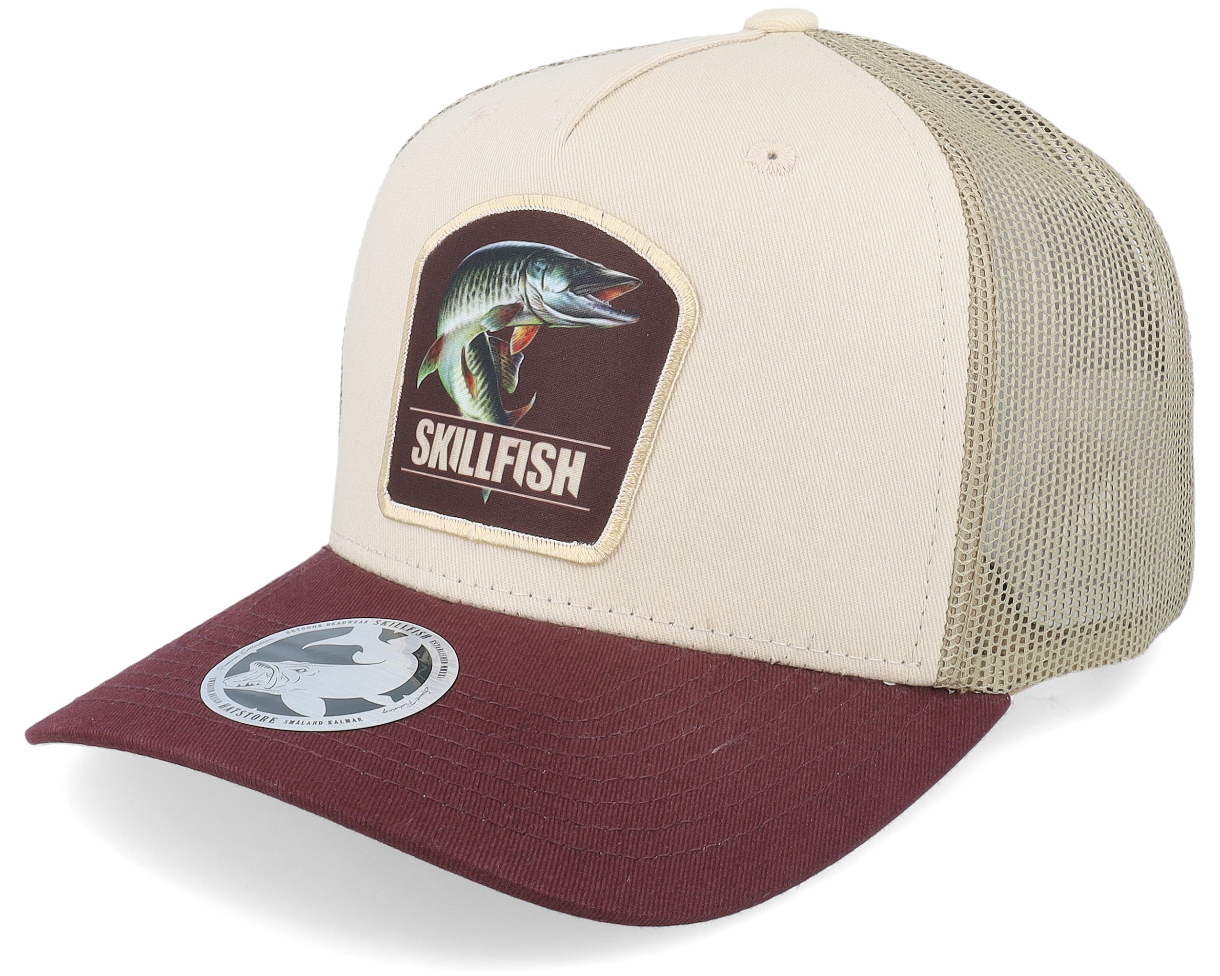 Muskellunge Muskie Stone/Khaki/Maroon A-frame Trucker | Hatstoreworld.com