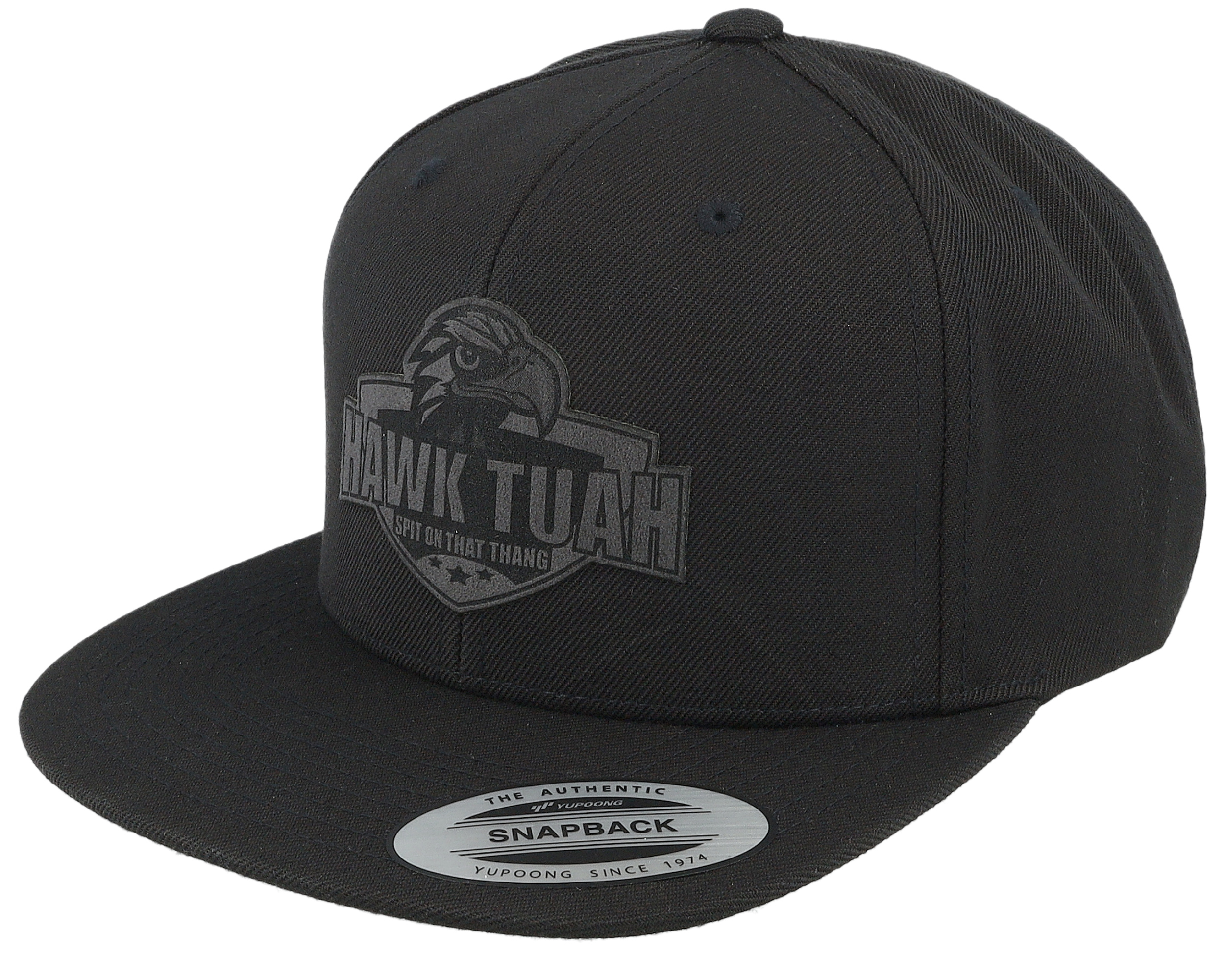 Hawk Tuah Black Shield Patch Black Snapback - Scenes cap ...