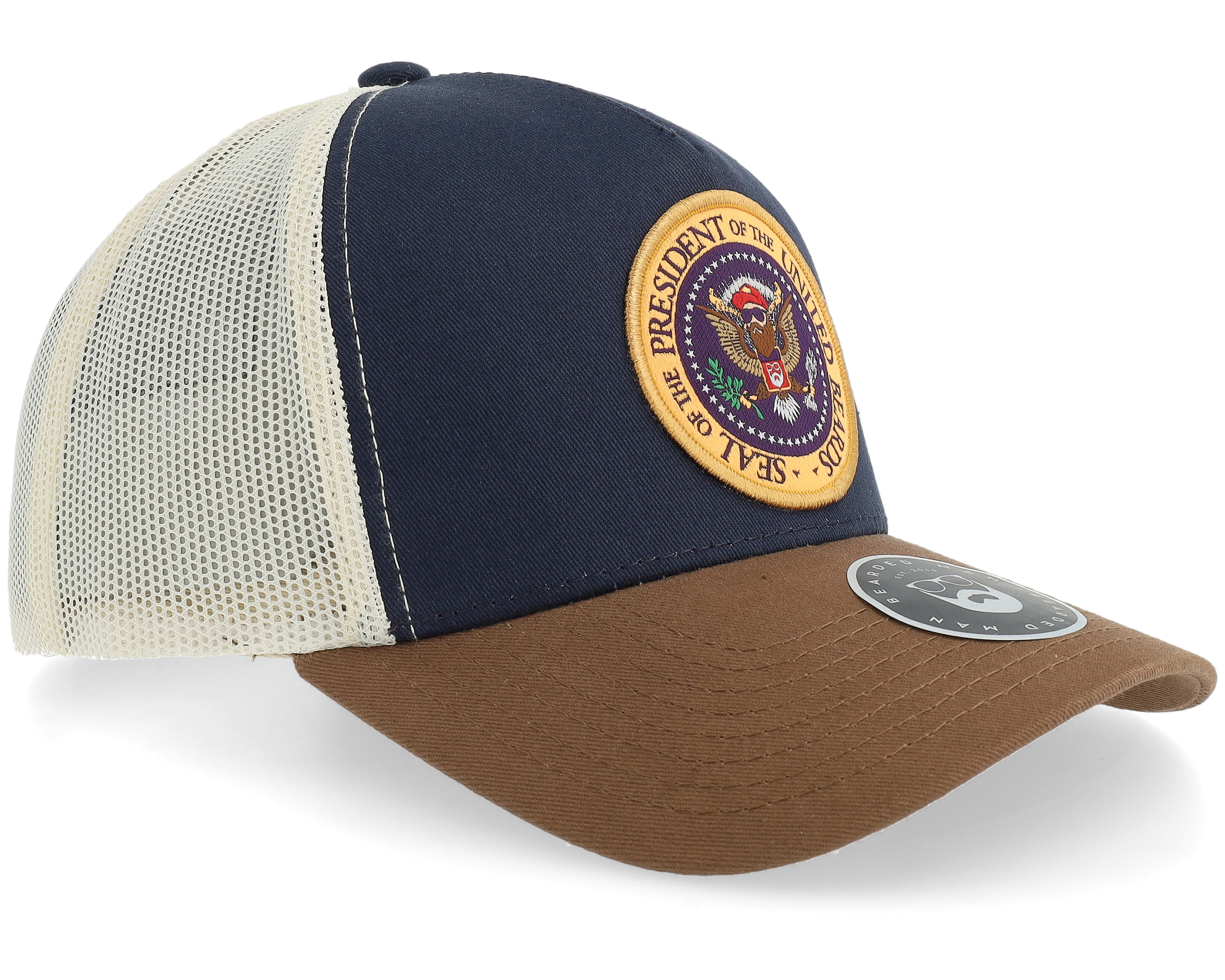 Seal Of President Otub Navy/Stone A-frame Trucker | Hatstore.com